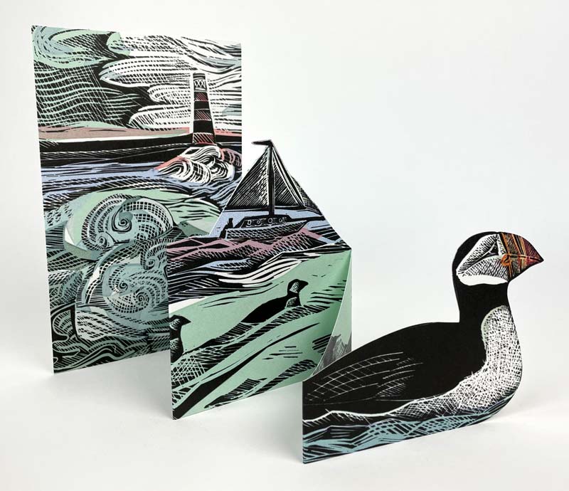ANGELA HARDING GREETING CARD Puffins 3D CONCERTINA CARD BLANK BIRDS ...